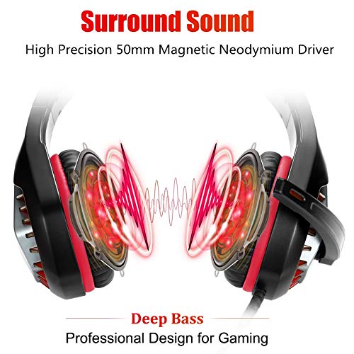 BUTFULAKE GH-1 Gaming Headset for PS5, PS4, Xbox One, Xbox One S, PC, Nintendo Switch, Mac, Laptop, 3.5mm Wired Pro Stereo Over Ear Gaming Headphones with Noise Cancelling Mic, LED Light (red)