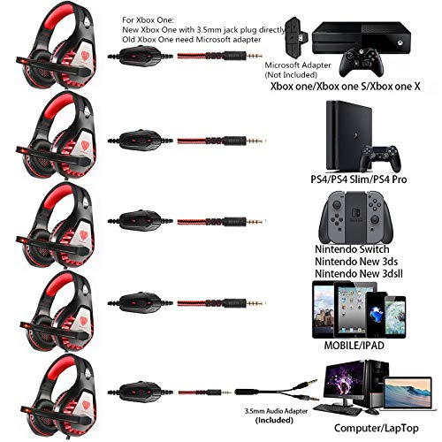 BUTFULAKE GH-1 Gaming Headset for PS5, PS4, Xbox One, Xbox One S, PC, Nintendo Switch, Mac, Laptop, 3.5mm Wired Pro Stereo Over Ear Gaming Headphones with Noise Cancelling Mic, LED Light (red)