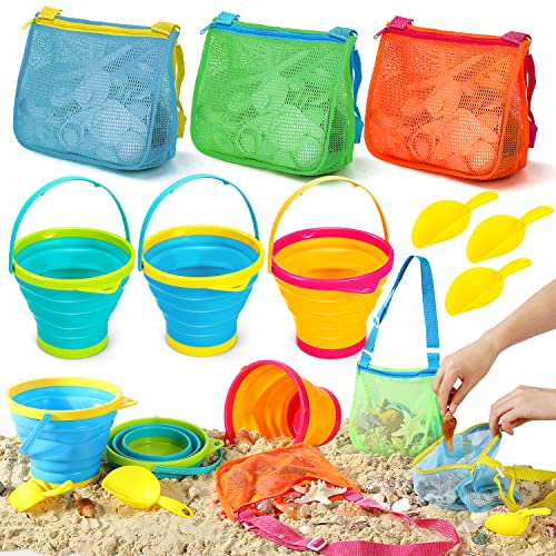 TOY Life Collapsible Beach Toys for Kid Toddler with 3 Shell Collecting Bag, Sand Toys for Toddler Kid with Collapsible Sand Bucket Shovel, Travel Sandbox Toy for Kid Toddler for Age 3-4-5-6-8-10