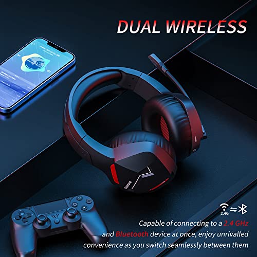 BINNUNE Wireless Gaming Headset with Microphone for PC PS4 PS5 Playstation 4 5, 2.4G Wireless Bluetooth USB Gamer Headphones with Mic for Laptop Computer