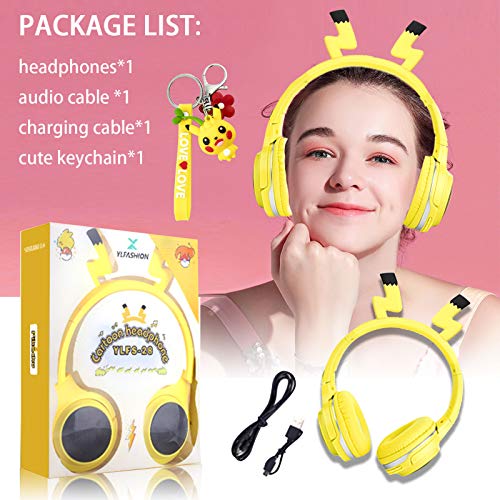 SVYHUOK Kids Wireless Bluetooth Headphones,Cute Pikachu Over-Ear Headphones with Built-in Microphone,Wireless and Wired Headset for Phones,Tablets,PC,Laptop, for Boys Girls Toddler,Yellow