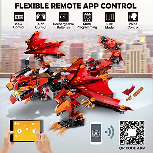 HOGOKIDS Remote & APP Controlled Dragon Building Set - STEM Projects for Kids Ages 8-12 Rechargeable Fire Dragon Kit Gift for Boys Girls 8 9 10 11 12 13 14+ Years Old New 2022 (485 Pieces)