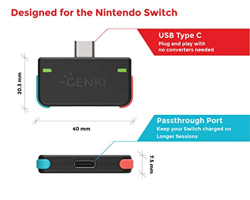 GENKI Audio Bluetooth 5.0 Adapter for Nintendo Switch/Switch Lite/PS4/PS5/PSVR2 - Compatible with All BT Headphones & Airpods, Low Latency with aptX Technology (Neon)