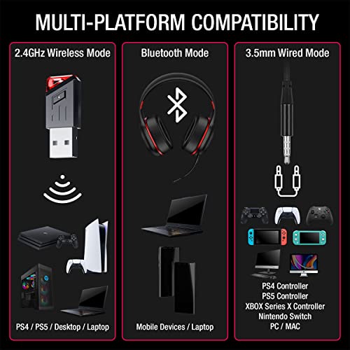 2.4GHz Bluetooth Wireless Gaming Headset for PS4 PS5 PC Nintendo Switch, Wireless Gaming Headset with Detachable Noise Canceling Microphone 30H Playtime PS5 Headset Wireless Headset for Gaming