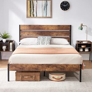 vecelo platform full bed frame with rustic vintage wood headboard and footboard, mattress foundation, strong metal slats support, no box spring needed