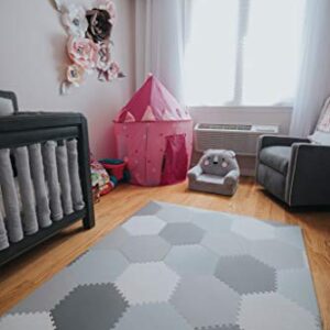 Baby Brielle Soft Non-Toxic Extra Thick Interlocking Hexagon Tile Foam for Babies and Toddlers - Exercise Mats for Crawling, Playing Grey & White Floor Mat for Nursery, Play Room - 48”x72”, 38 Pieces