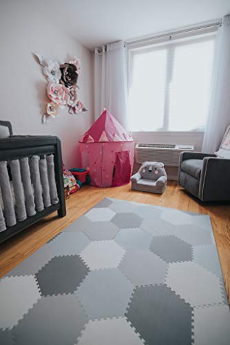 Baby Brielle Soft Non-Toxic Extra Thick Interlocking Hexagon Tile Foam for Babies and Toddlers - Exercise Mats for Crawling, Playing Grey & White Floor Mat for Nursery, Play Room - 48”x72”, 38 Pieces