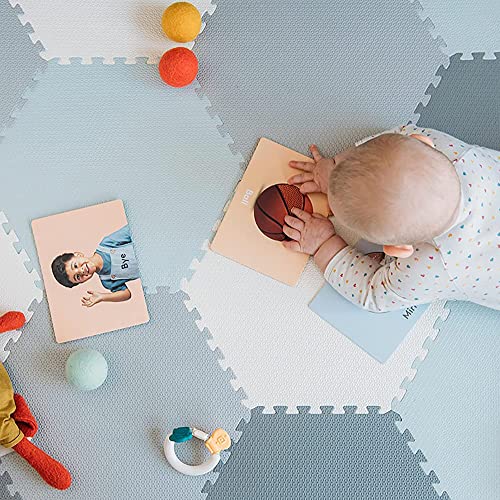 Baby Brielle Soft Non-Toxic Extra Thick Interlocking Hexagon Tile Foam for Babies and Toddlers - Exercise Mats for Crawling, Playing Grey & White Floor Mat for Nursery, Play Room - 48”x72”, 38 Pieces