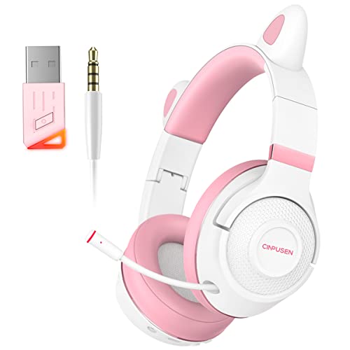 2.4Ghz Wireless Gaming Headset for PC, PS5, PS4, MacBook, with Microphone, Over-Ear Bluetooth Gaming Headphones for Cell Phone, Soft Earmuff - 25 Hours Playtime, Only Wired Mode for Xbox Series, Pink