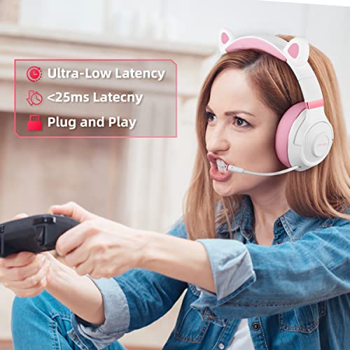 2.4Ghz Wireless Gaming Headset for PC, PS5, PS4, MacBook, with Microphone, Over-Ear Bluetooth Gaming Headphones for Cell Phone, Soft Earmuff - 25 Hours Playtime, Only Wired Mode for Xbox Series, Pink