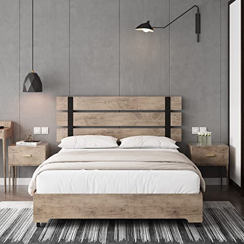 Queen Bed Frame with 4 Storage Drawers, Rustic Wooden Headboard and Footboard Platform Bed Frame with Strong Wood Slats and 9 Metal Legs Support, No Box Spring Needed, Easy Assembly, Wood-grain Brown