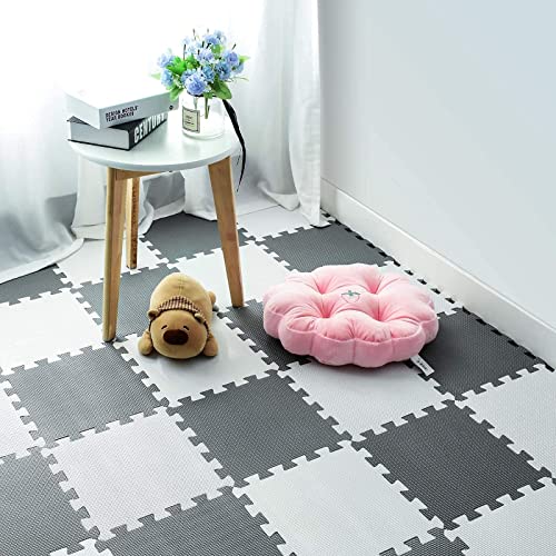 qqpp EVA Rubber 18 Tiles Interlocking Puzzle Foam Floor Mats - Baby Play Mat for Playing | Exercise Mat for Home Workout. White, Gray. QC-ALb18N