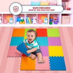 ToyVelt Foam Play Mat for Baby Kids Interlocking Foam Puzzle Floor Mats – EVA Non Toxic for Crawling, Exercise, Playroom, Play Area, Baby Nursery - 16 Tiles, Solid Colors