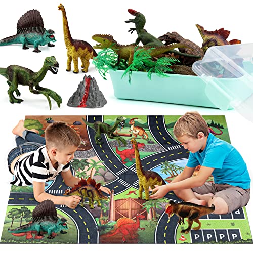 Deejoy Dinosaur Toys,Activity Play Mat & Trees & rockery,Realistic Jurassic Dinosaur Playset to Create a Dino World Including T-Rex,Triceratops,Velociraptor,Great Gift for Boys Girls 3-5