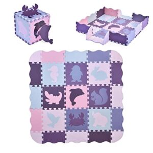 fun little toys 25 pcs baby foam play mat, interlocking tiles playmat with fence large 45x45 thick 0.47 inch purple animals puzzle floor mat for kids babies toddlers infants crawling room decor