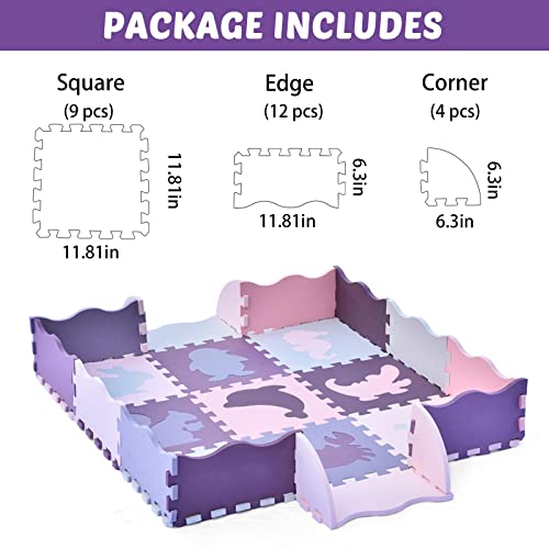 FUN LITTLE TOYS 25 PCS Baby Foam Play Mat, Interlocking Tiles Playmat with Fence Large 45x45 Thick 0.47 inch Purple Animals Puzzle Floor Mat for Kids Babies Toddlers Infants Crawling Room Decor