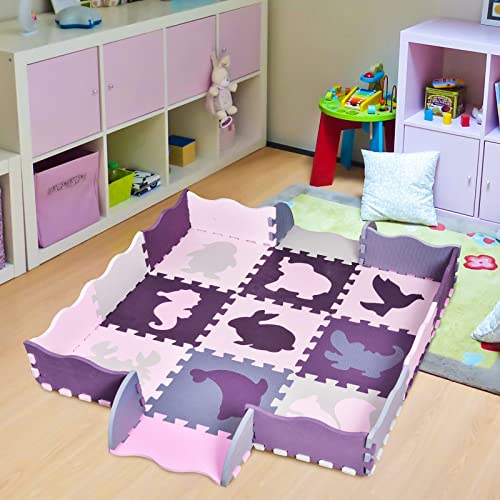 FUN LITTLE TOYS 25 PCS Baby Foam Play Mat, Interlocking Tiles Playmat with Fence Large 45x45 Thick 0.47 inch Purple Animals Puzzle Floor Mat for Kids Babies Toddlers Infants Crawling Room Decor