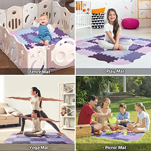 FUN LITTLE TOYS 25 PCS Baby Foam Play Mat, Interlocking Tiles Playmat with Fence Large 45x45 Thick 0.47 inch Purple Animals Puzzle Floor Mat for Kids Babies Toddlers Infants Crawling Room Decor