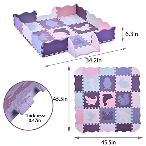 FUN LITTLE TOYS 25 PCS Baby Foam Play Mat, Interlocking Tiles Playmat with Fence Large 45x45 Thick 0.47 inch Purple Animals Puzzle Floor Mat for Kids Babies Toddlers Infants Crawling Room Decor