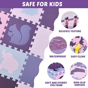 FUN LITTLE TOYS 25 PCS Baby Foam Play Mat, Interlocking Tiles Playmat with Fence Large 45x45 Thick 0.47 inch Purple Animals Puzzle Floor Mat for Kids Babies Toddlers Infants Crawling Room Decor