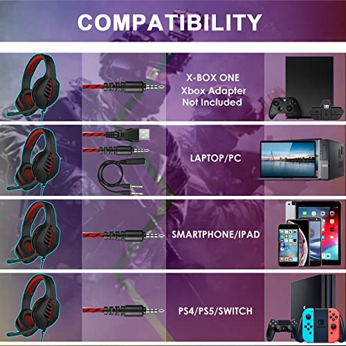 targeal Gaming Headset with Microphone - for PC, PS4, PS5, Switch, Xbox One, Xbox Series X|S - 3.5mm Jack Gamer Headphone with Noise Canceling Mic - Black&Red