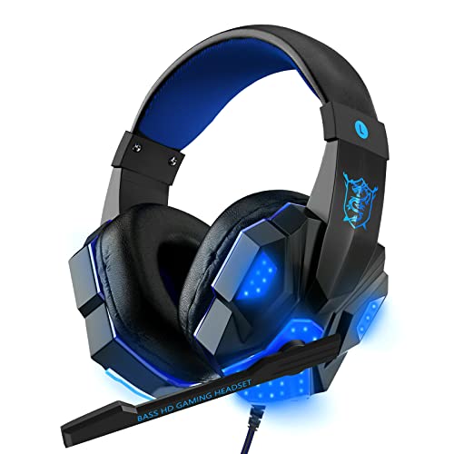 Atrasee Stereo Gaming Headset with Mic for PS4 PC PS5 Xbox One Nintendo Switch, Noise Cancelling Headphones Over Ear with Surround Bass, Soft Earmuffs, LED Light, 3.5mm Aux for Mac Laptop, Blue