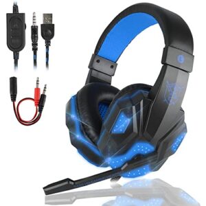 Atrasee Stereo Gaming Headset with Mic for PS4 PC PS5 Xbox One Nintendo Switch, Noise Cancelling Headphones Over Ear with Surround Bass, Soft Earmuffs, LED Light, 3.5mm Aux for Mac Laptop, Blue