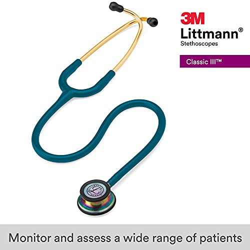 3M Littmann Classic III Monitoring Stethoscope, Rainbow-Finish, Caribbean Blue Tube, 27 Inch, 5807 & 40007 Stethoscope Identification Tag, Black