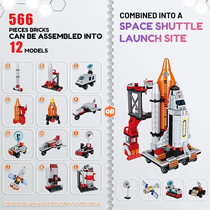 Space Exploration Shuttle Toys for 6 7 8 9 10 11 12 Year Old Boys 12-in-1 STEM Aerospace Building Kit Toy with Heavy Transport Rocket and Launcher Best Gifts for 6-12 Year Old Boys (566 PCS)