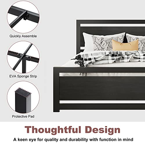 MERRLAND Queen Size Bed Frame with Wood Headboard and Footboard, Solid and Stable, No Box Spring Needed, Easy Assembly, Noise Free, Black