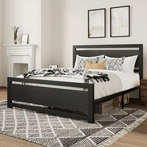 MERRLAND Queen Size Bed Frame with Wood Headboard and Footboard, Solid and Stable, No Box Spring Needed, Easy Assembly, Noise Free, Black