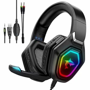 Wlevzzor Gaming Headset with Microphone PS5 Headset with Noise Canceling Mic RGB LED Light, Stereo Surround Sound Over Ear Gaming Headphone for PS5 PS4, Switch,Xbox One,Laptops,PC,Phones