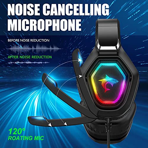 Wlevzzor Gaming Headset with Microphone PS5 Headset with Noise Canceling Mic RGB LED Light, Stereo Surround Sound Over Ear Gaming Headphone for PS5 PS4, Switch,Xbox One,Laptops,PC,Phones