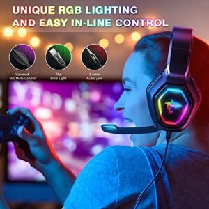 Wlevzzor Gaming Headset with Microphone PS5 Headset with Noise Canceling Mic RGB LED Light, Stereo Surround Sound Over Ear Gaming Headphone for PS5 PS4, Switch,Xbox One,Laptops,PC,Phones