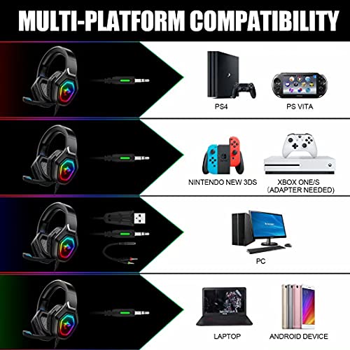 Wlevzzor Gaming Headset with Microphone PS5 Headset with Noise Canceling Mic RGB LED Light, Stereo Surround Sound Over Ear Gaming Headphone for PS5 PS4, Switch,Xbox One,Laptops,PC,Phones