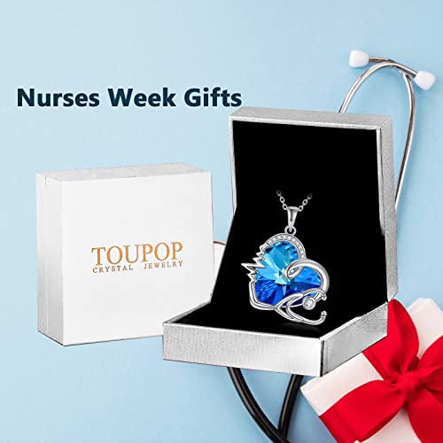 TOUPOP Nurses Week Gifts Nurse Gifts for Women Nursing Necklace Sterling Silver Stethoscope Pendant Necklace with Heart Crystal Gifts for Nurses Doctor Medical Student for Nurses Day Christmas Birthday Graduation Valentines Day Medicine Themed Jewelry