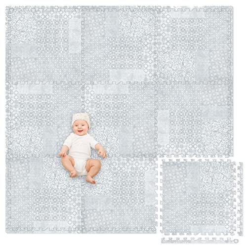 Play Platoon Non-Toxic Extra-Thick Children's Play Mat, 9 Tiles - 72 x 72 inch Comfortable Cushiony Foam Floor Puzzle Mat for Kids & Toddlers with 24 x 24 inch Tiles - Black/White, Boho Modern