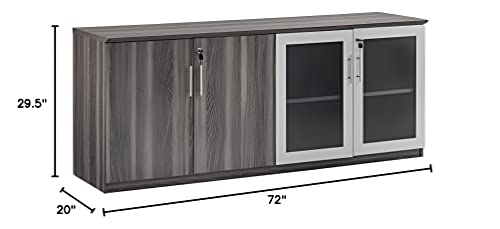 Safco Products Medina Modern Office Storage Wall Cabinet with Wood and Glass Doors, 72"W x 20"D x 29 1/2"H, Gray Steel