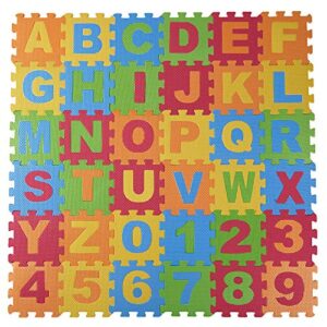 dimple kids foam play mat (36-piece set) 6.25 x 6.25 inches interlocking alphabet and numbers floor puzzle colorful eva tiles girls, boys soft, reusable, easy to clean