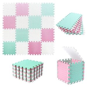 tamiplay 16 tiles foam play mat, 0.4 inch thicked interlocking floor mats with solid colors, squares baby play mat, eva foam puzzle floor mat foam mats for kids, baby, toddlers(white/pink/bean green)