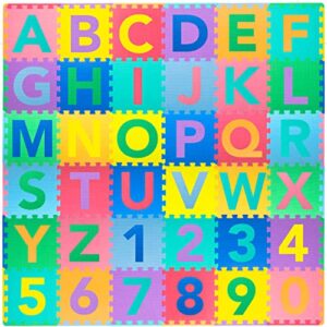 prosource kids puzzle alphabet, numbers, 36 tiles and edges play mat, 12" by 12",abc & 123