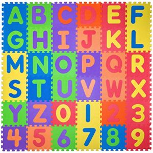 non toxic alphabet play mat for kids toddlers - thickest interlocking foam puzzles abc & numbers 0 to 9 flooring mat for play & exercise 36 tiles 12x12in (10mm) - floor coverage 36 sq f