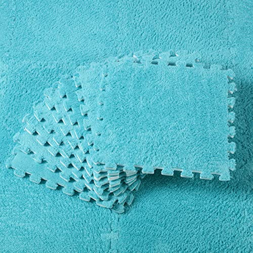 100 Tiles Interlocking Carpet Tiles Soft Fluffy Baby Play Mat Short Coral Fleece Foam Puzzle Floor Mats for Children Kids Toddler Play Area Home Bedroom Parlor (Lake Blue)