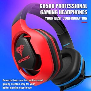 BENGOO G9500 Gaming Headset Headphones for PS4 Xbox One PC Controller, Over Ear Headphones with 720° Noise Cancelling Mic, Bicolor LED Light, Soft Memory Earmuffs for Gamecube Super Nintendo PS5