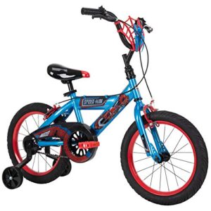 huffy marvel spider-man kid bike quick connect assembly, web plaque & training wheels, 16" blue