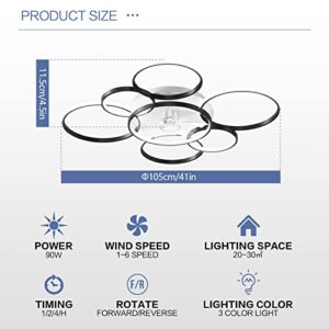 SNOWUNDER 41" Ceiling Fans with Lights, Flush Mount Celing Fan with Led Light and Remote Control for Living Room，Tri-Color Light 6-Speed Wind