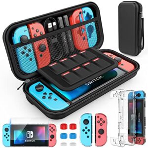 heystop switch case compatible with nintendo switch, 9 in 1 accessories kit with carrying case, dockable protective case, hd screen protector and 6pcs thumb grips caps