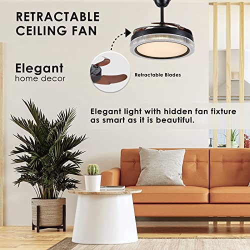 Mpayel 42" Retractable Ceiling Fan - Modern Retractable Ceiling Fan with Lights and Remote, Led Fan Light Fixture with Retractable Blades for Bedroom Living Room, Memory Function and Reversible, Black