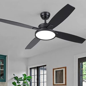 snj 52 inch black modern ceiling fan with led lights and remote control for home bedroom, living room, dining room, noiseless motor, reversible 4 blades, low profile celing fans 1095