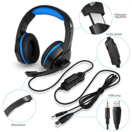 PHOINIKAS PS4 Gaming Headset with 7.1 Surround Sound, Xbox One Headset with Noise Canceling Mic & LED Light, H3 Over Ear Headphones, Compatible with Nintendo Switch, PC, PS4, Xbox One, Laptop (Blue)